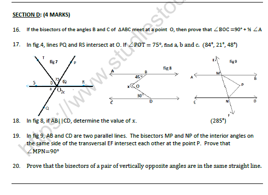 CBSE Class 9 Mathematics Lines and Angles Worksheet Set A